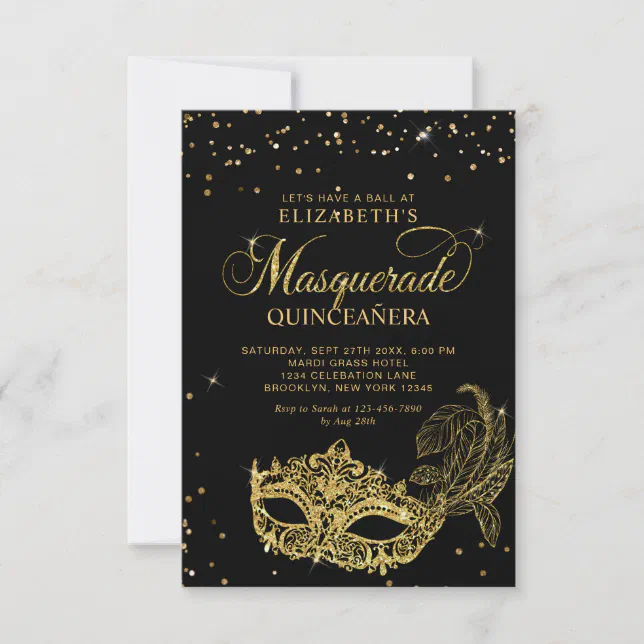 BUDGET Elegant Black Gold Masquerade Quinceañera Note Card | Zazzle