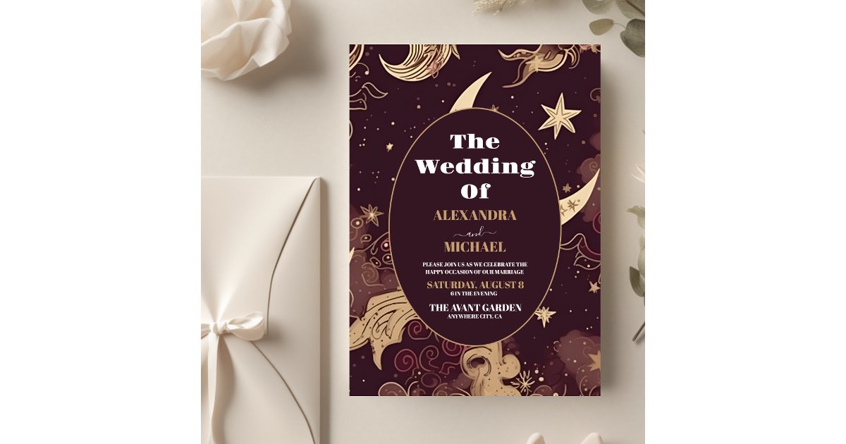 Budget Elegant Burgundy Gold Celestial Wedding Flyer | Zazzle