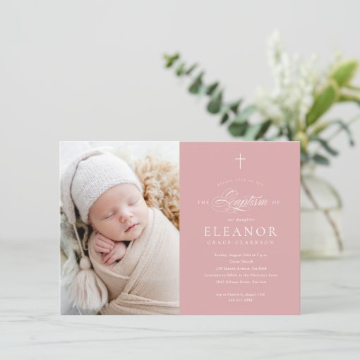 Budget Elegant Cross Calligraphy Photo Baptism Invitation | Zazzle
