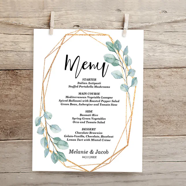 Budget Elegant Gold Greenery Flat Menu Card | Zazzle