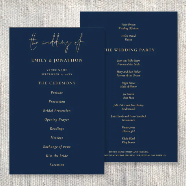 Budget Elegant Gold Navy Blue Wedding Program | Zazzle