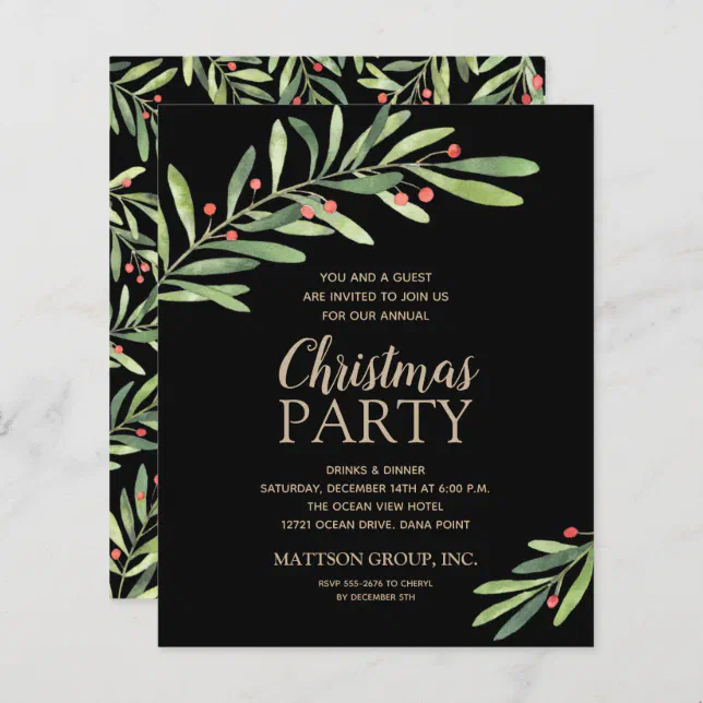 Budget Elegant Greenery Christmas Black Invitation | Zazzle