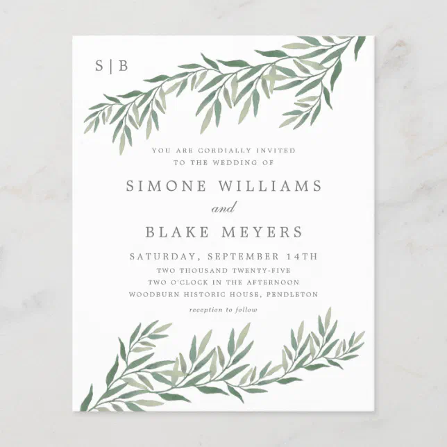 Budget Elegant Greenery Foliage Wedding Invitation | Zazzle