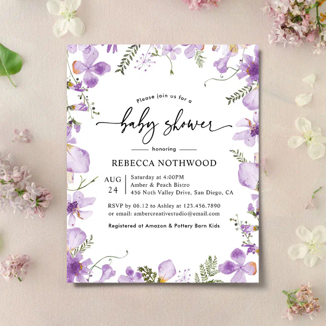 Budget Elegant Purple Baby Shower Invitation | Zazzle