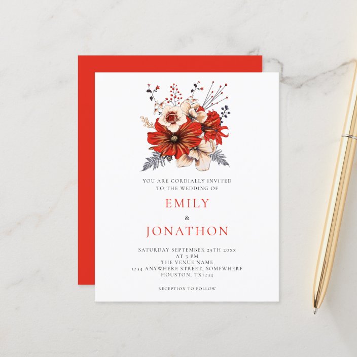 Budget Elegant Red Florals Wedding Invitation | Zazzle.com