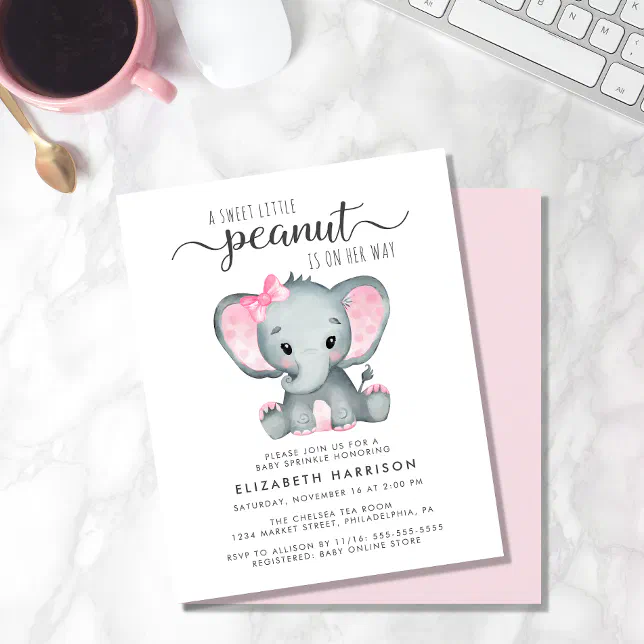 Budget Elephant Pink Baby Girl Sprinkle Invitation | Zazzle