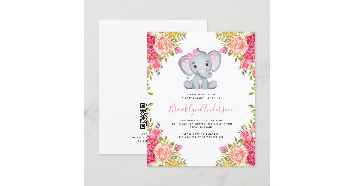 BUDGET Elephant QR Code Baby Shower Invitation | Zazzle