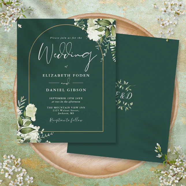 Budget Emerald Floral Gold Arch Wedding Invite | Zazzle