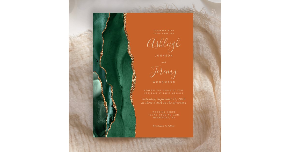 Budget Emerald Green Agate Rust Wedding Invitation | Zazzle