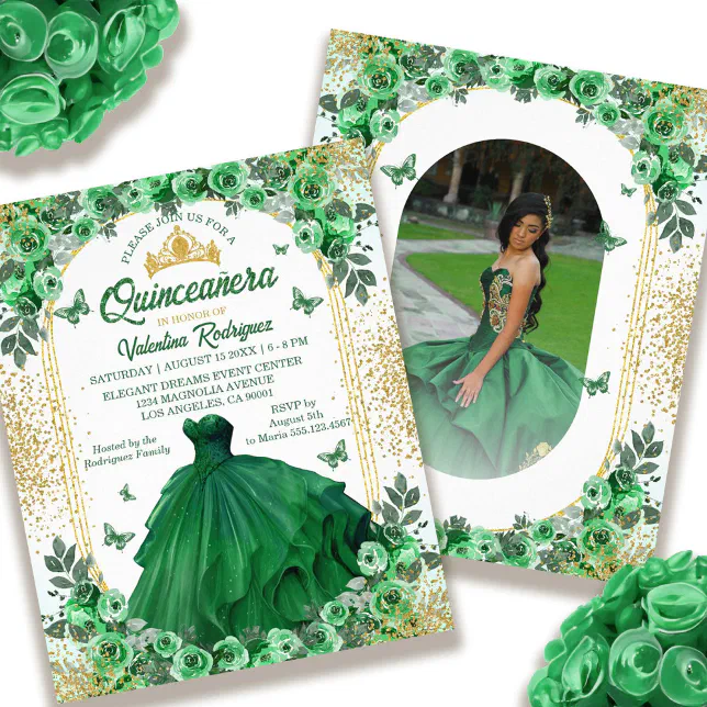 Budget Emerald Green Gold Floral Quinceanera Flyer | Zazzle