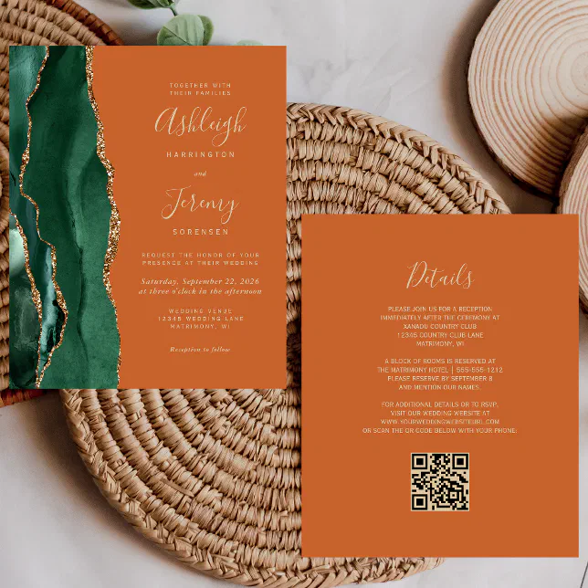 Budget Emerald Green Rust QR Code Wedding Invite | Zazzle