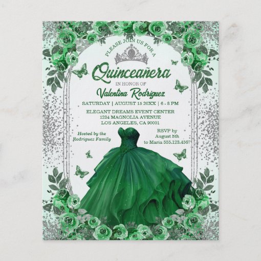 Budget Emerald Green Silver Floral Quinceanera Flyer | Zazzle