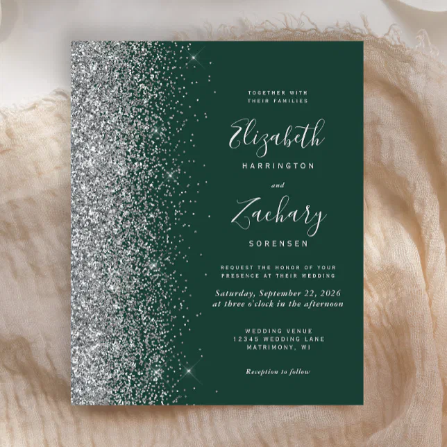 Budget Emerald Green Silver Glitter Wedding Invite | Zazzle