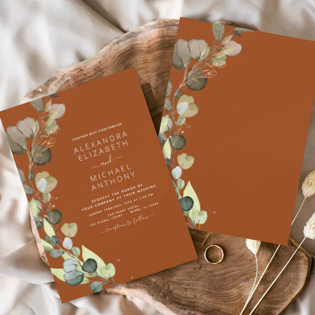 Budget Eucalyptus Burnt Orange Wedding Invitations Flyer | Zazzle