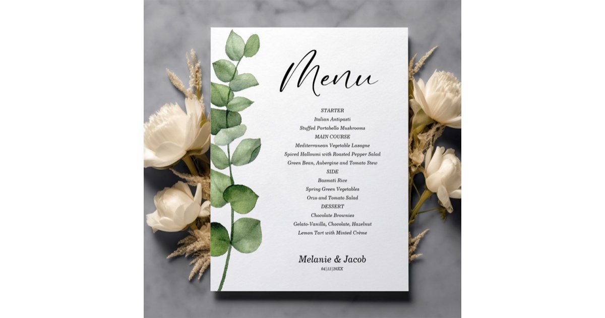 Budget Eucalyptus Green Leaves Flat Menu Card | Zazzle