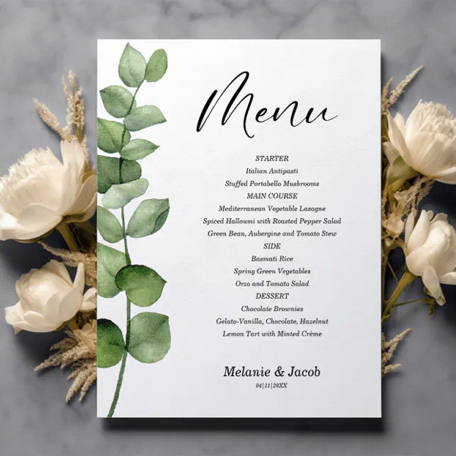 Budget Eucalyptus Green Leaves Flat Menu Card | Zazzle