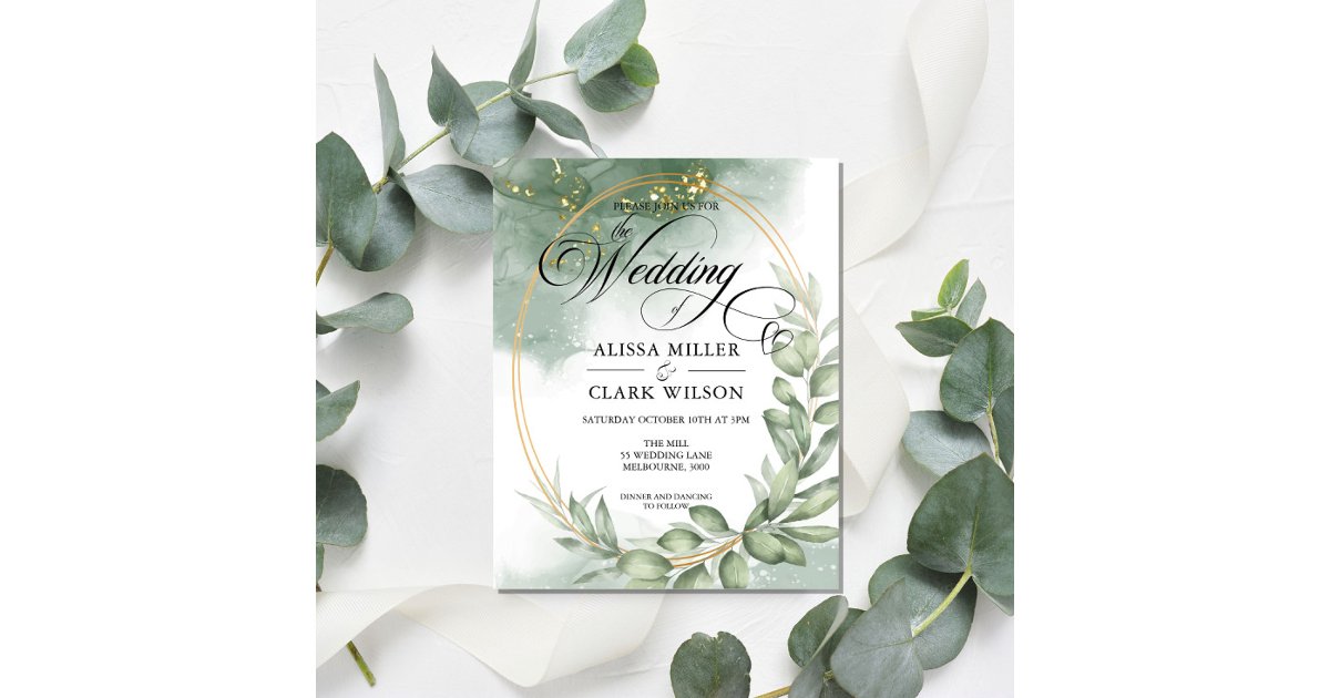 BUDGET Eucalyptus Greenery Gold Wedding Invitation | Zazzle