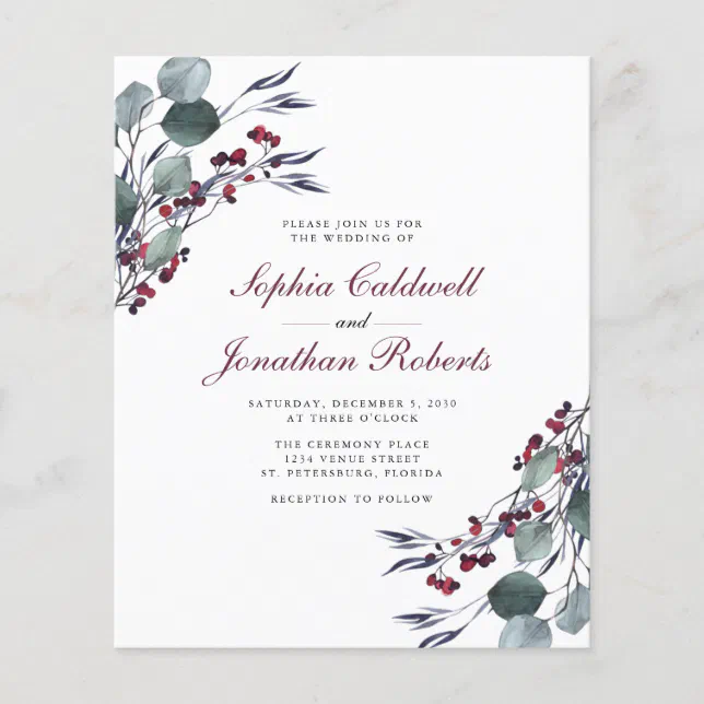 Budget Eucalyptus Holly Berries Wedding Invitation | Zazzle