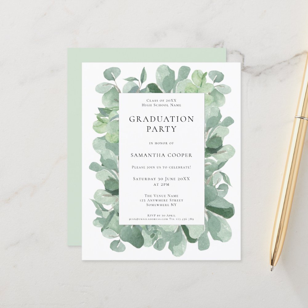 Budget Eucalyptus Sage Graduation Party Invitation - Snuggle Hamster ...