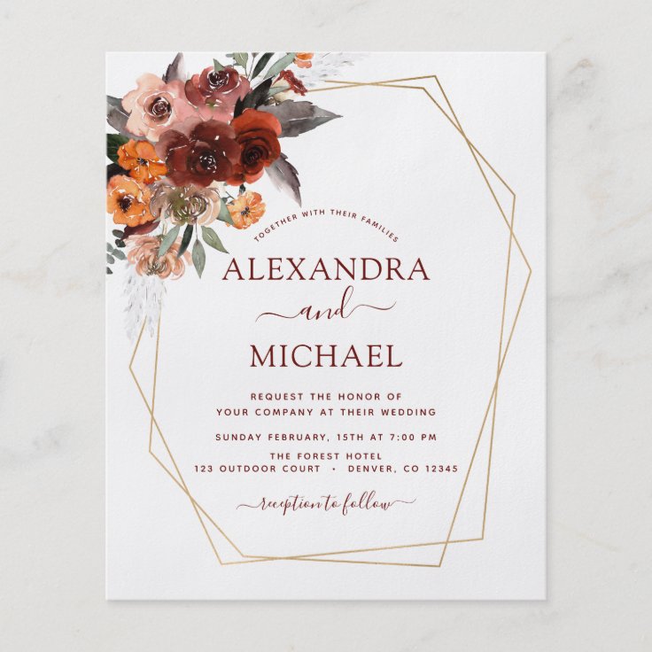 Budget Fall Wedding Burnt Orange Floral Flyer | Zazzle