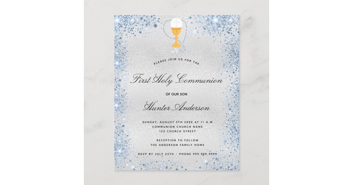Budget first communion silver blue invitation | Zazzle.com