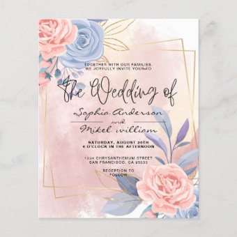 Budget Floral Blue & Pink Brush wedding Invitation | Zazzle