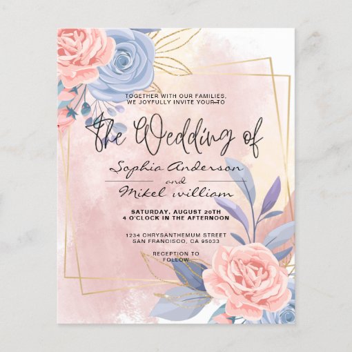 Budget Floral Blue & Pink Brush wedding Invitation | Zazzle