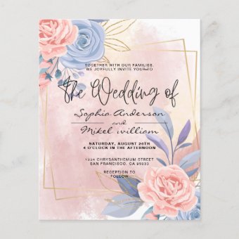 Budget Floral Blue & Pink Brush wedding Invitation | Zazzle