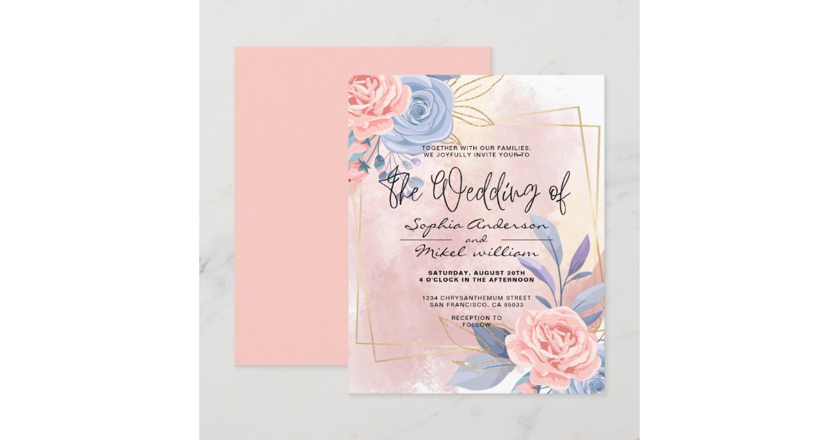 Budget Floral Blue & Pink Brush wedding Invitation | Zazzle
