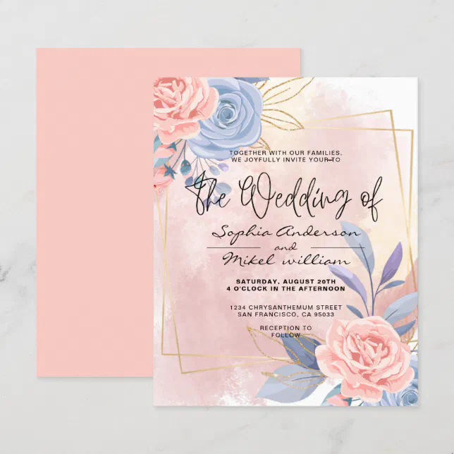 Budget Floral Blue & Pink Brush wedding Invitation | Zazzle