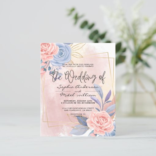 Budget Floral Blue & Pink Brush wedding Invitation | Zazzle
