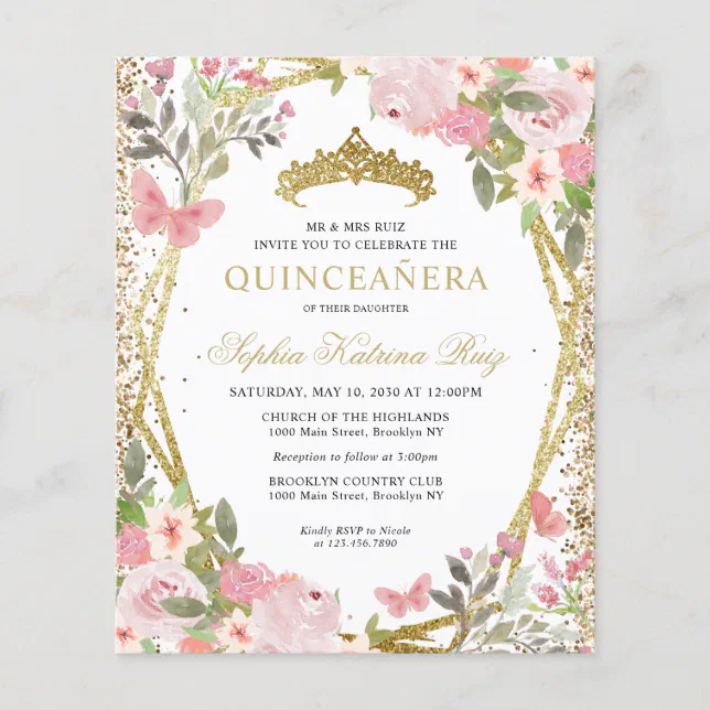Budget Floral Blush Gold Tiara Quinceañera Invite | Zazzle