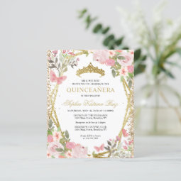 Budget Floral Blush Gold Tiara Quinceañera Invite | Zazzle