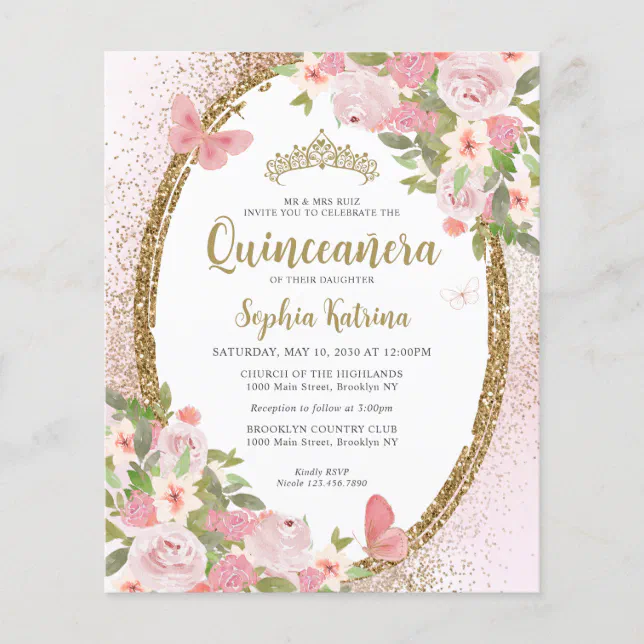 Budget Floral Blush Pink Gold Tiara Quinceañera Flyer | Zazzle