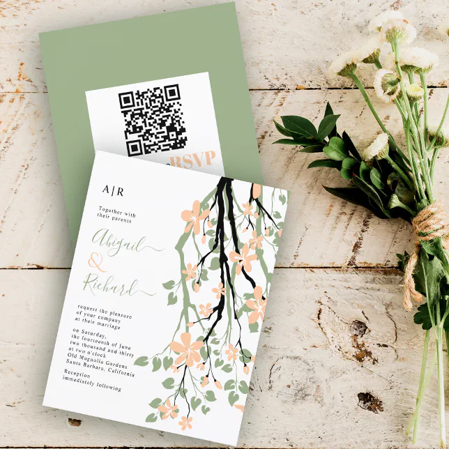 BUDGET Floral branch, QR code wedding invitation | Zazzle