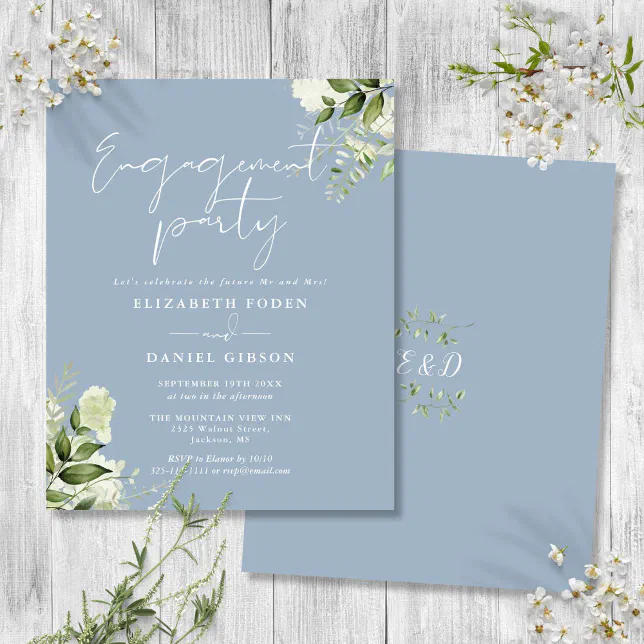 Budget Floral Dusty Blue Engagement Party Invite | Zazzle