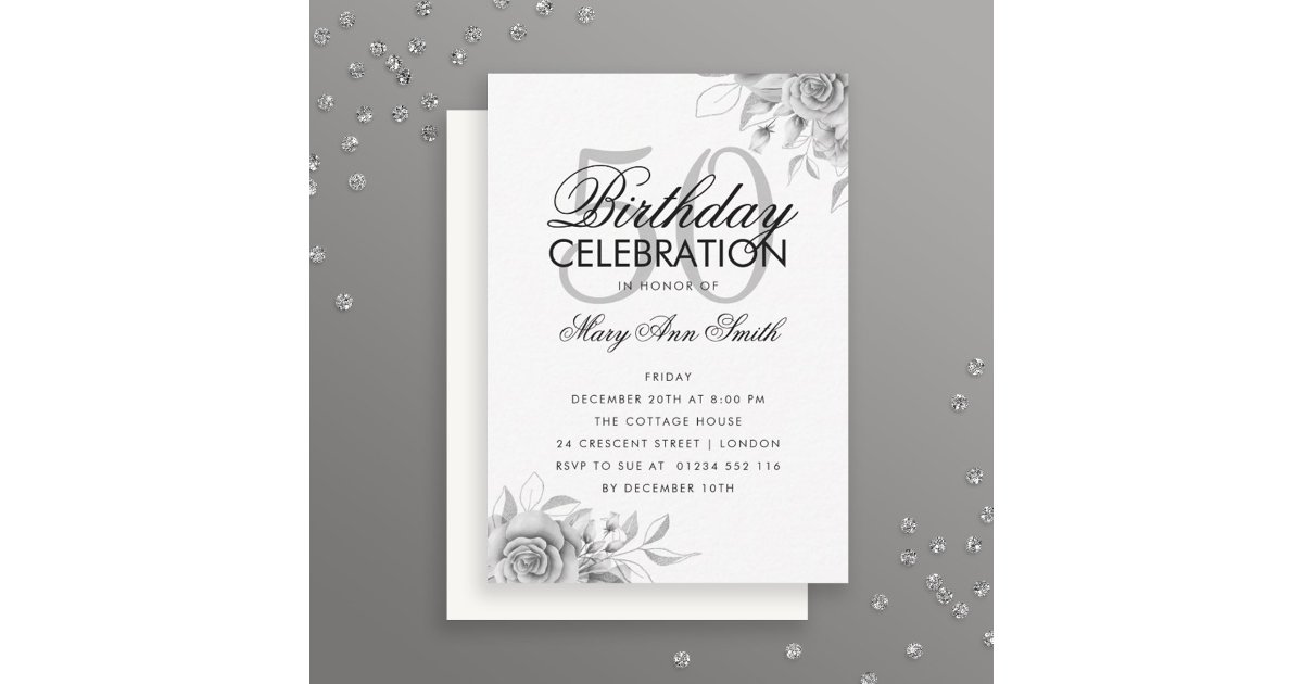 Budget Floral Glam Birthday Silver Invite | Zazzle