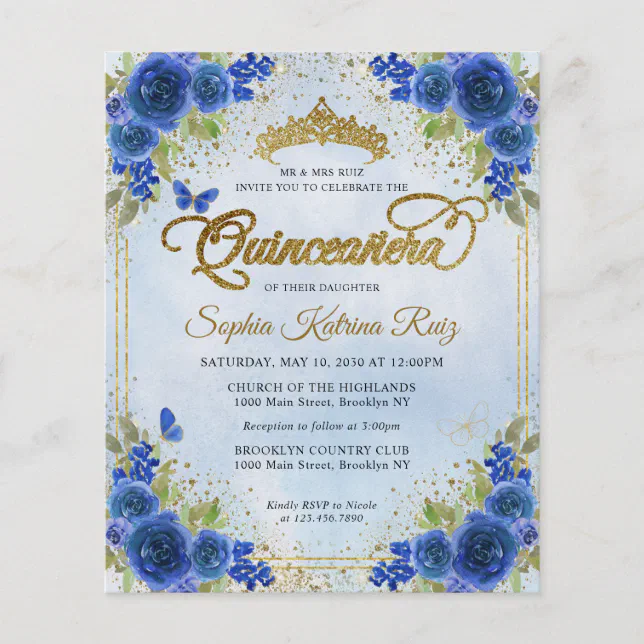 Budget Floral Navy Blue Gold Tiara Quinceañera Flyer | Zazzle