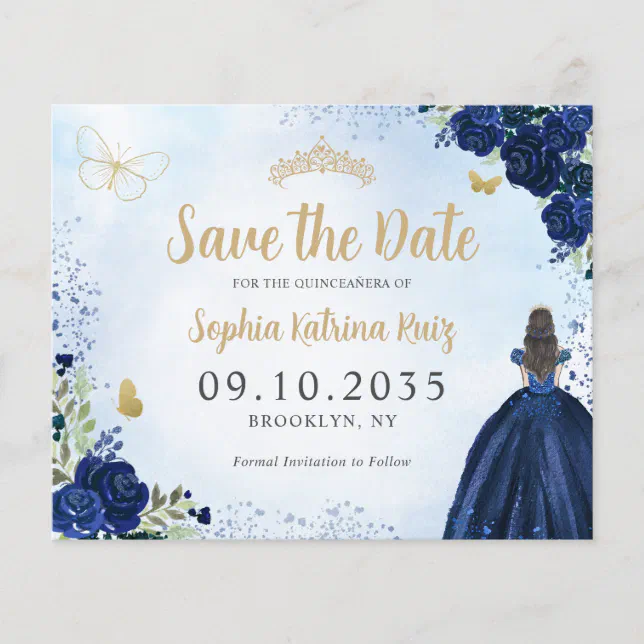 Budget Floral Navy Blue Quinceanera Save the Date | Zazzle