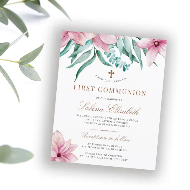 Budget floral pink holy first communion invitation | Zazzle