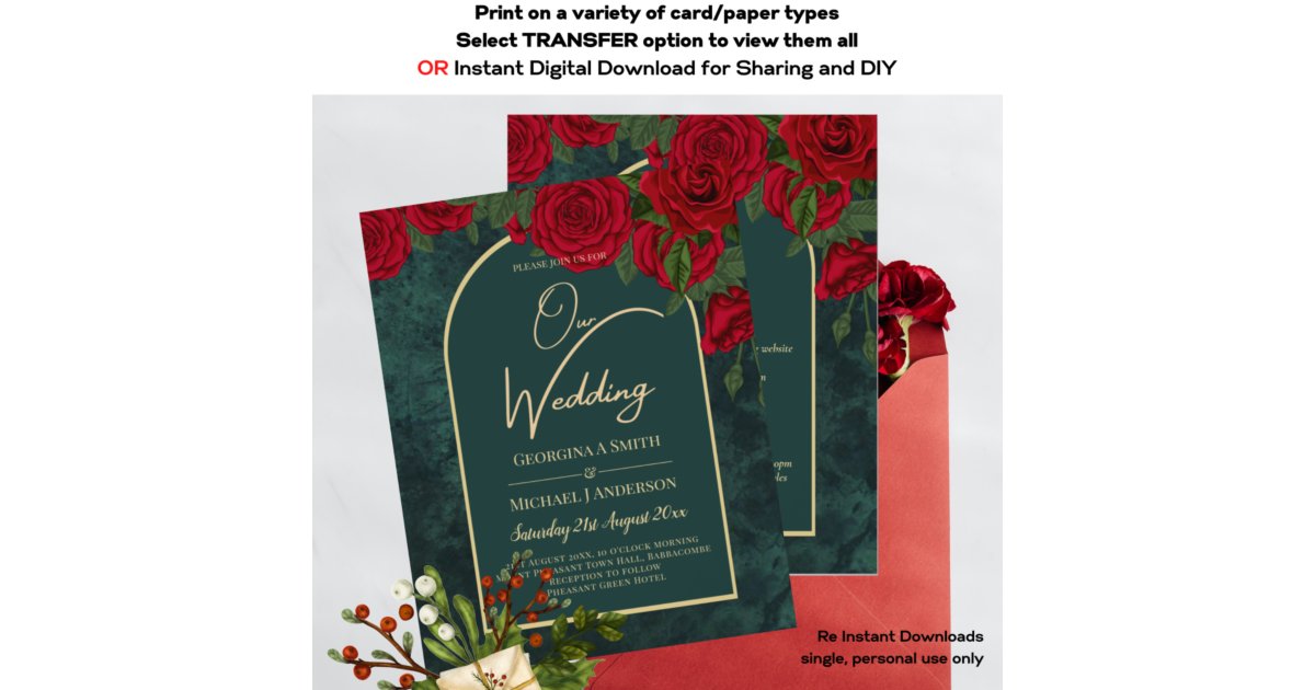 BUDGET ForestGreen RED Roses Winter Wedding INVITE Flyer | Zazzle