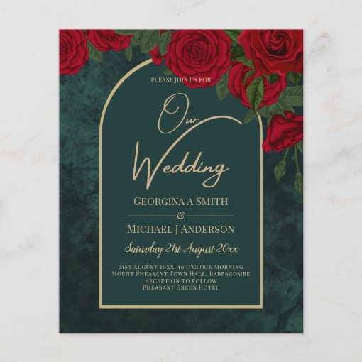 BUDGET ForestGreen RED Roses Winter Wedding INVITE Flyer | Zazzle