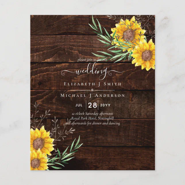 BUDGET Garden Sunflowers Rustic Wood Wedding Flyer | Zazzle