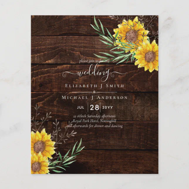 BUDGET Garden Sunflowers Rustic Wood Wedding Flyer | Zazzle