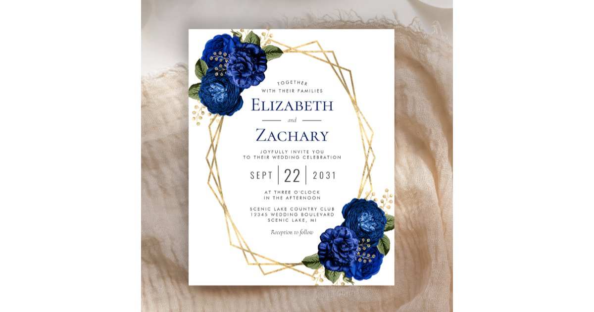 Budget Geometric Royal Blue Floral Wedding Invite | Zazzle
