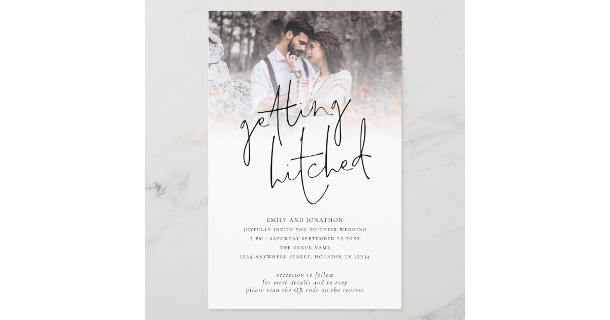 Budget Getting Hitched Photo QR Wedding Invite | Zazzle