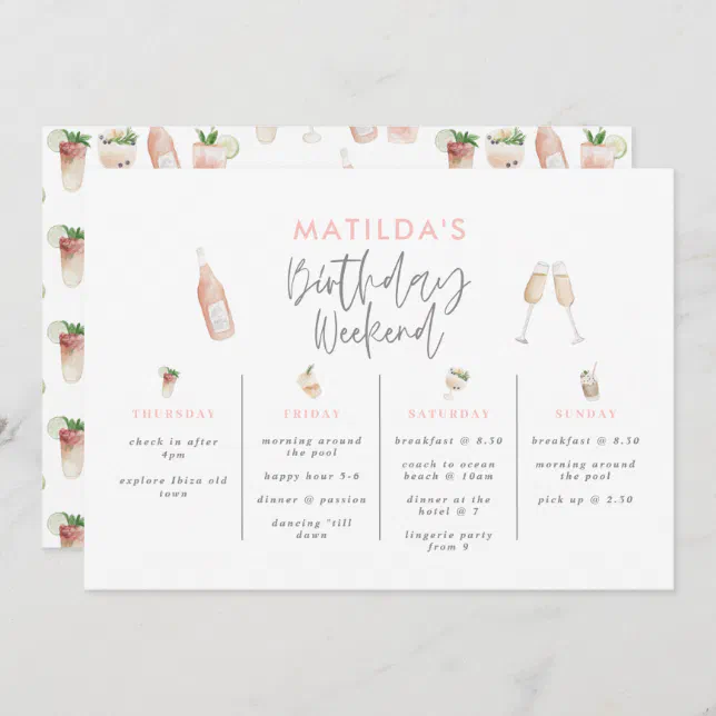 Budget girly elegant birthday weekend itinerary invitation | Zazzle
