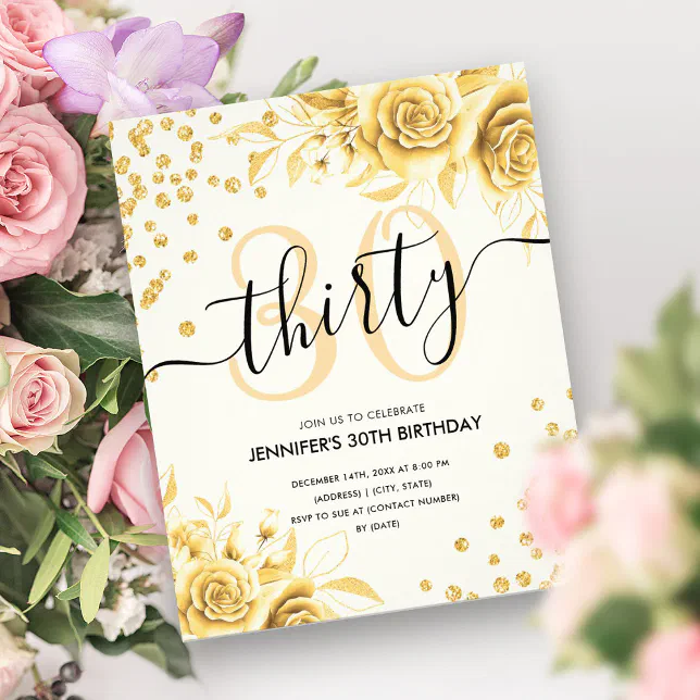 Budget Glam Gold Floral Glitter 30th Birthday Flyer | Zazzle