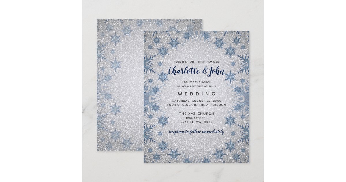 Budget Glitter Blue Snowflakes Wedding invitation | Zazzle