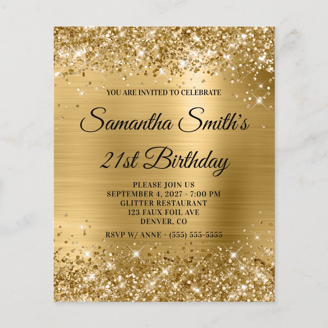 Budget Glittery Gold Monogram 21st Birthday Invite | Zazzle